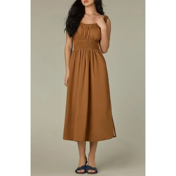 Wit & Wisdom Smocked Waist Sleeveless Midi Dress With Crochet Trim - Butter Toffee