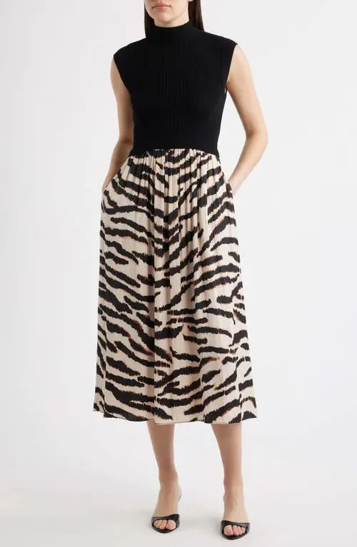Vince Camuto Mock Neck Zebra Print Midi Dress