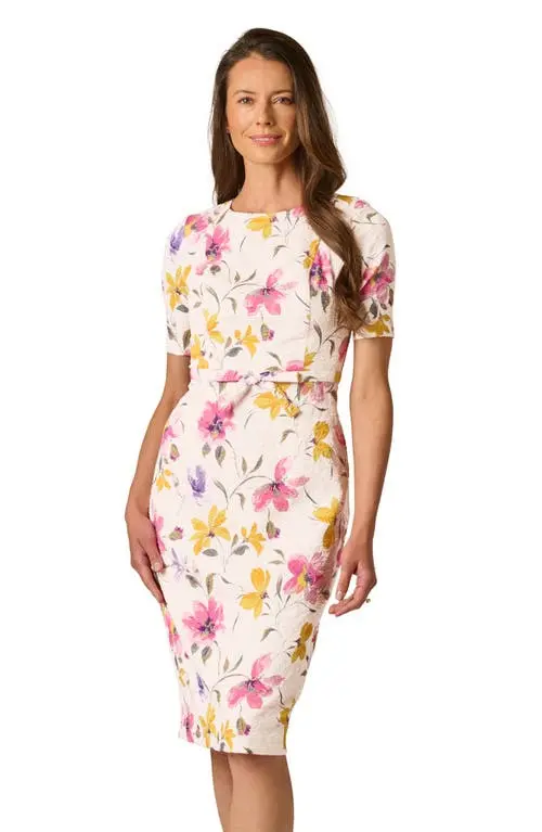Adrianna Papell Floral Jacquard Sheath Dress With Bow Detail
