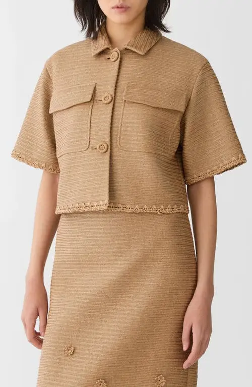 Lafayette 148 New York Raffia Effect Crop Shirt Jacket With Crocheted Edges