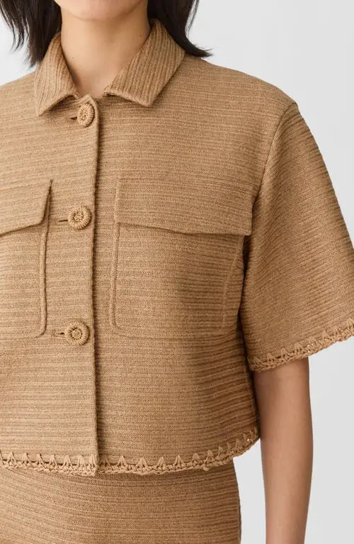 Lafayette 148 New York Raffia Effect Crop Shirt Jacket With Crocheted Edges
