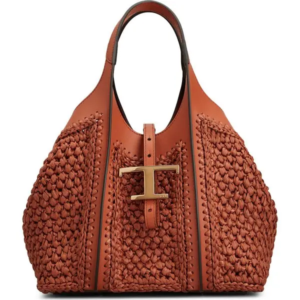 TOD'S Mini T Timeless Crochet Raffia & Leather Tote - Mattone/terracotta