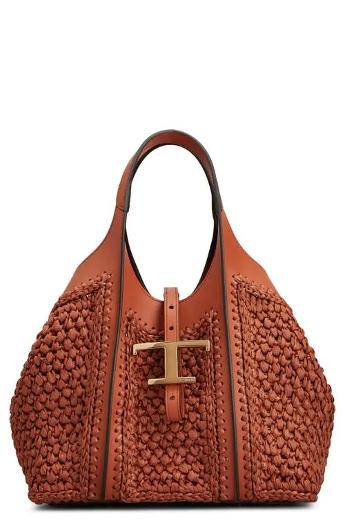 TOD'S Mini T Timeless Tote In Crochet Raffia And Leather - Mattone/terracotta