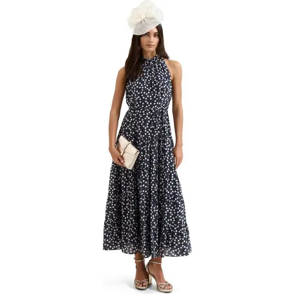 PHASE EIGHT Nita Spot Tiered Halterneck Maxi Dress - Navy