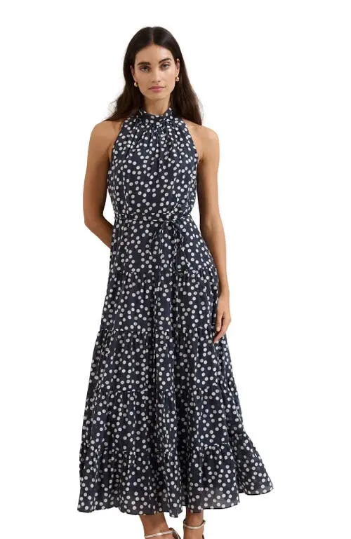 PHASE EIGHT Nita Spot Tiered Halterneck Maxi Dress - Navy