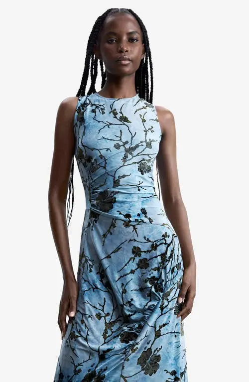 Desigual Sleeveless Floral Print Ruched Midi Dress