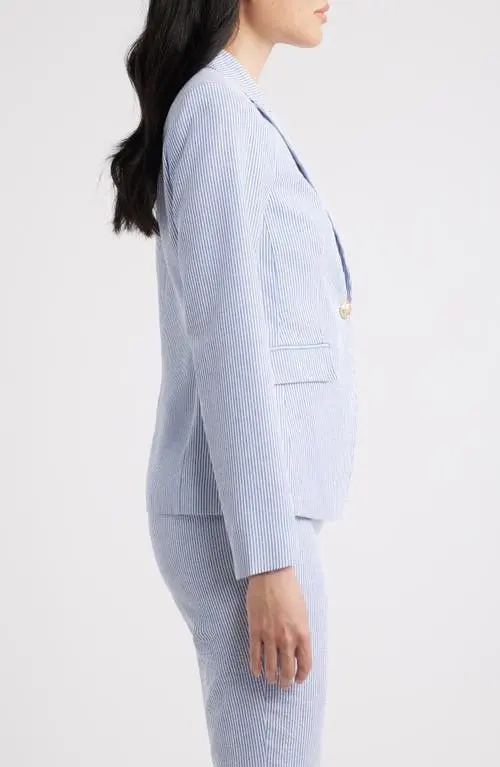TAHARI ASL Seersucker Blazer With Golden Embossed Buttons - Navy Ivory