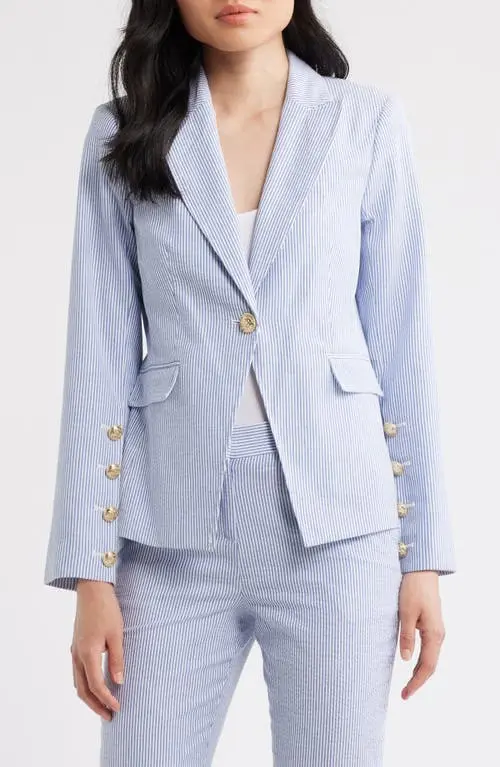 TAHARI ASL Seersucker Blazer With Golden Embossed Buttons - Navy Ivory