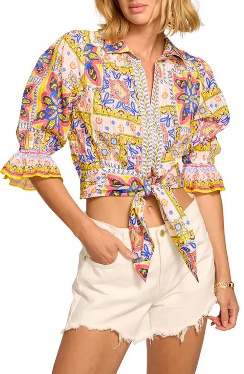 Ramy Brook Zola Tile Print Tie Front Shirt - White Piazza