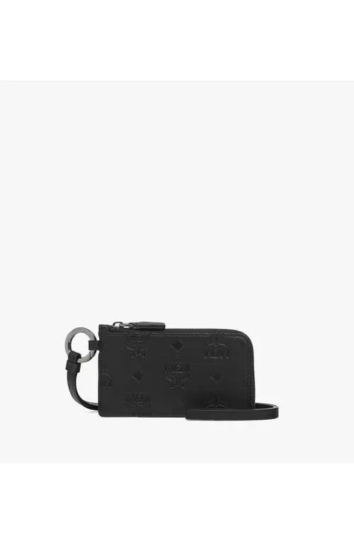 Mcm Aren Card Pouch In Embossed Monogram Leather - Black