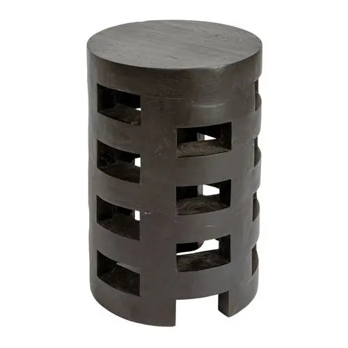 STORIED HOME Round Mindi Wood Stool With Textured Surface - Black