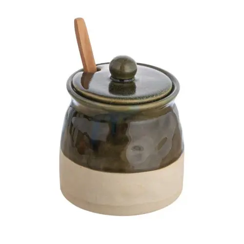 STORIED HOME Stoneware Sugar Pot With Lid And Wood Spoon - Green