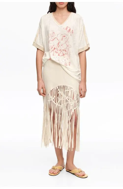 Bimba Y Lola Irregular Fringed Linen Blend Midi Skirt