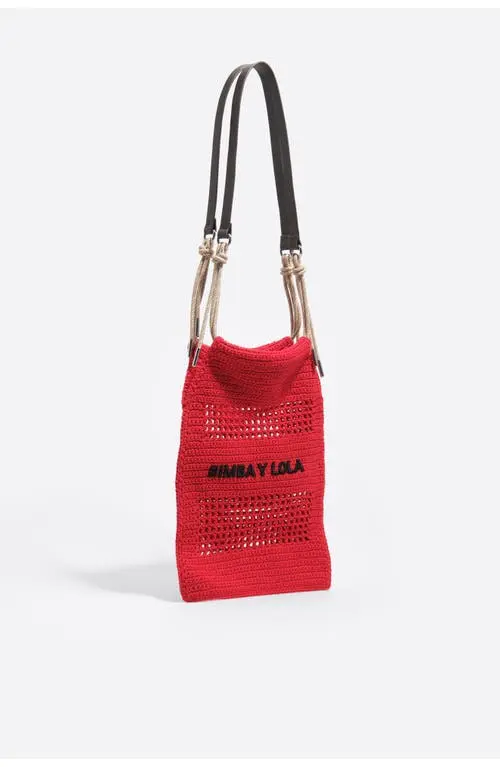 Bimba Y Lola Crochet Market Bag With Cord And Leather Handle - Red