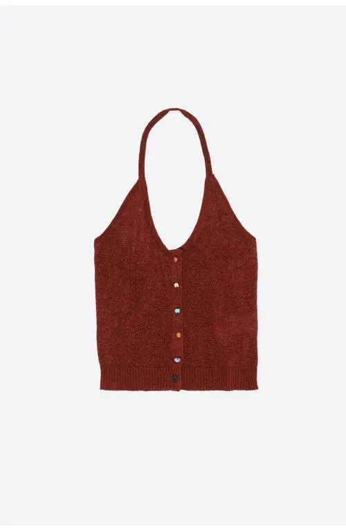 Bimba Y Lola Knit Halter Top With Embellished Buttons