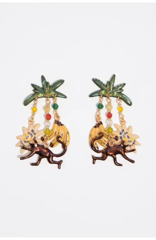 Bimba Y Lola Monkey And Banana Enamel And Crystal Earrings - Brown