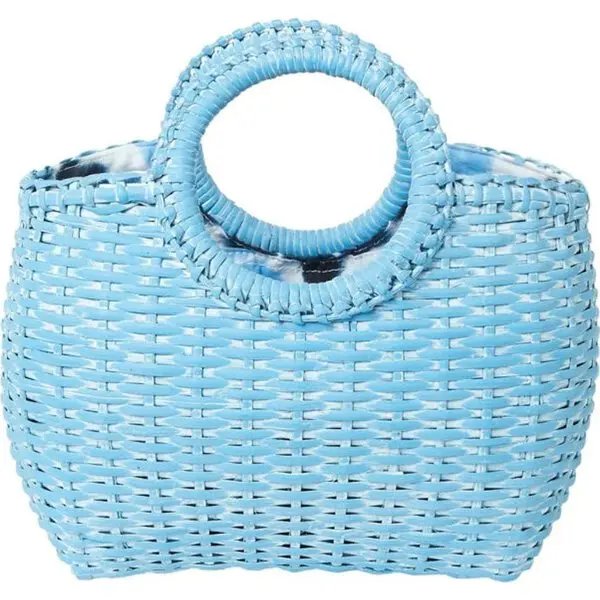 SARAH STEWART Willow Cain Handwoven Rattan Top Handle Bag With Printed Lining - Blue