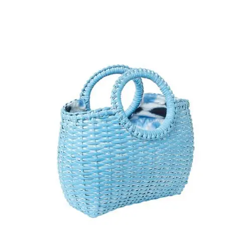 SARAH STEWART Willow Cain Handwoven Rattan Top Handle Bag With Printed Lining - Blue