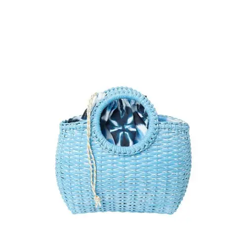 SARAH STEWART Willow Cain Handwoven Rattan Top Handle Bag With Printed Lining - Blue
