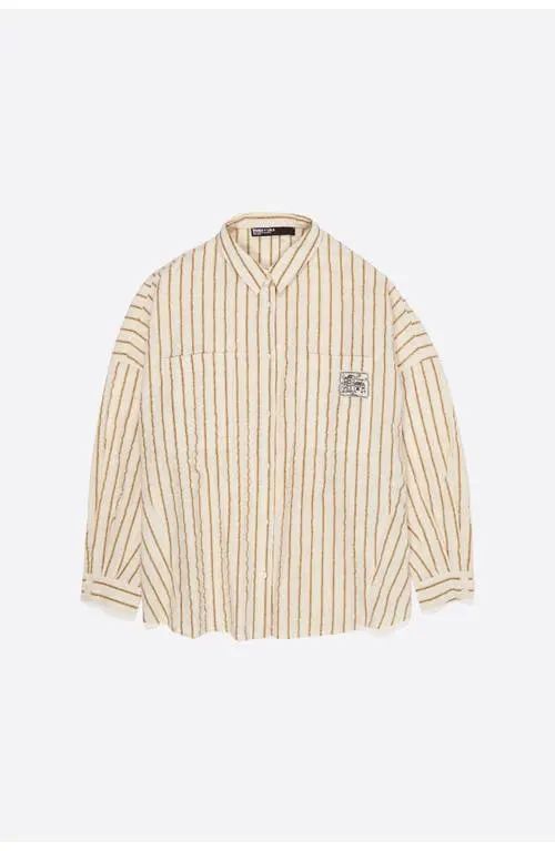 Bimba Y Lola Ocher Striped Textured Cotton Blend Oversize Shirt