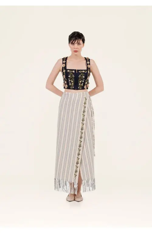 Agua Bendita Maria Valle Striped Embroidered Wrap Maxi Skirt