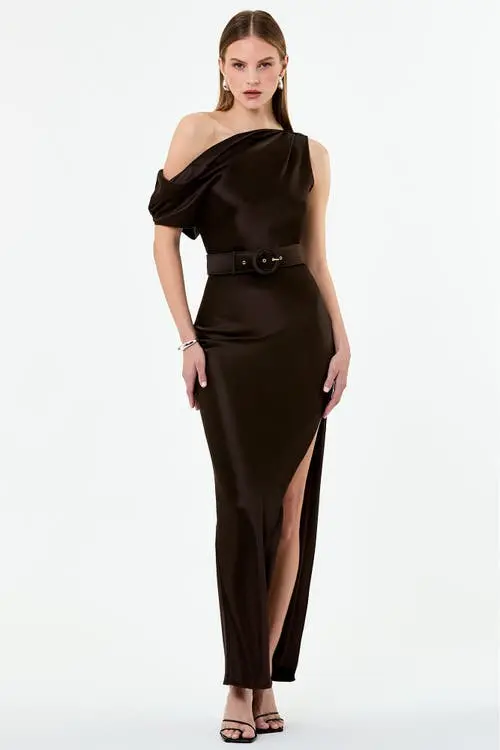 NICHOLAS Eartha One-shoulder Draped Midi Dress With Belt - Cacao