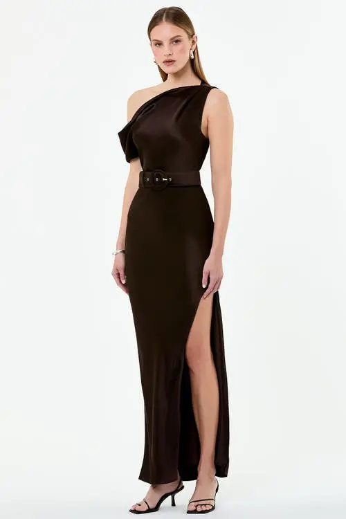 NICHOLAS Eartha One-shoulder Draped Midi Dress With Belt - Cacao