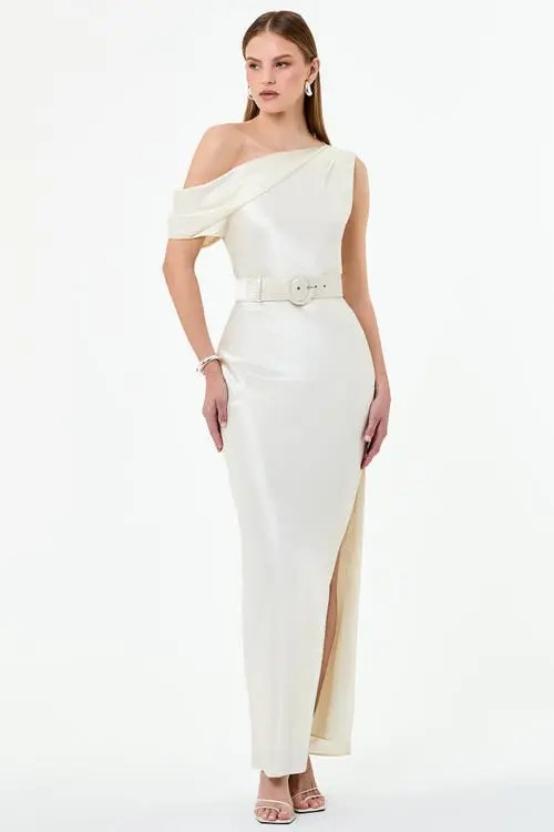 NICHOLAS Eartha One-shoulder Draped Midi Dress With Belt - Pearl