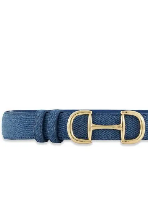 THE NOLI SHOP Bettie Skinny Belt With Gold Tone Horsebit Buckle - Denim