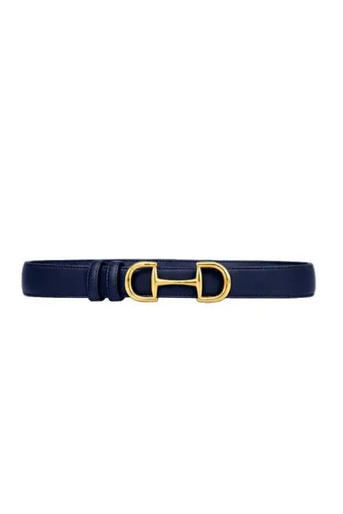 THE NOLI SHOP Bettie Skinny Belt With Gold Tone Horsebit Buckle - Navy