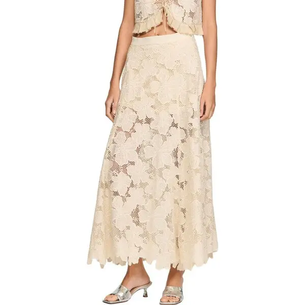Sandro Long Floral Guipure Flared Skirt - Ecru