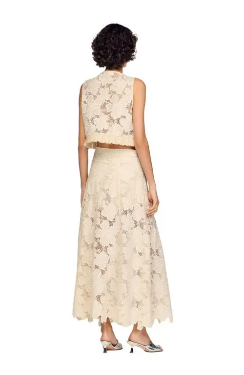 Sandro Long Floral Guipure Flared Skirt - Ecru