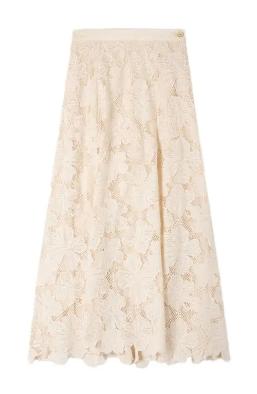 Sandro Long Floral Guipure Flared Skirt - Ecru