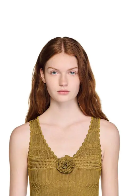Sandro Floral Pointelle Knit Top - Olive