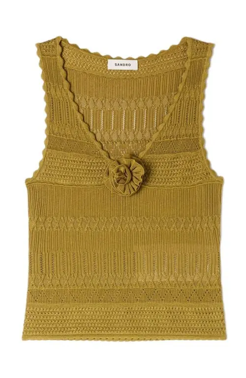 Sandro Floral Pointelle Knit Top - Olive