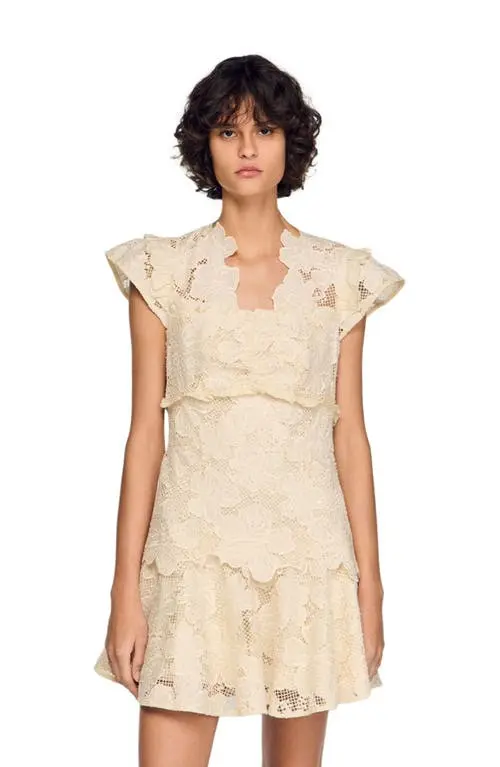 Sandro Short Floral Guipure Lace Dress - Ecru