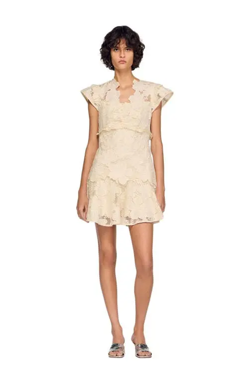 Sandro Short Floral Guipure Lace Dress - Ecru