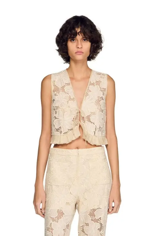 Sandro Guipure Lace Crop Top With Ruffled Hem