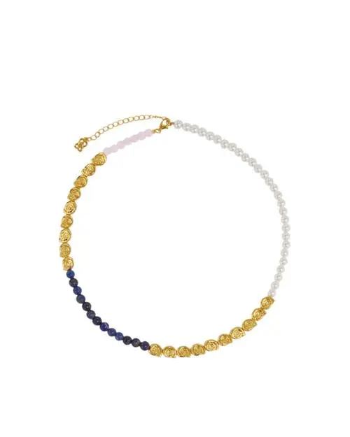 OTTOMAN HANDS Lapis Lazuli And Pink Jade Beaded Necklace With Tone Embellishments - Gold