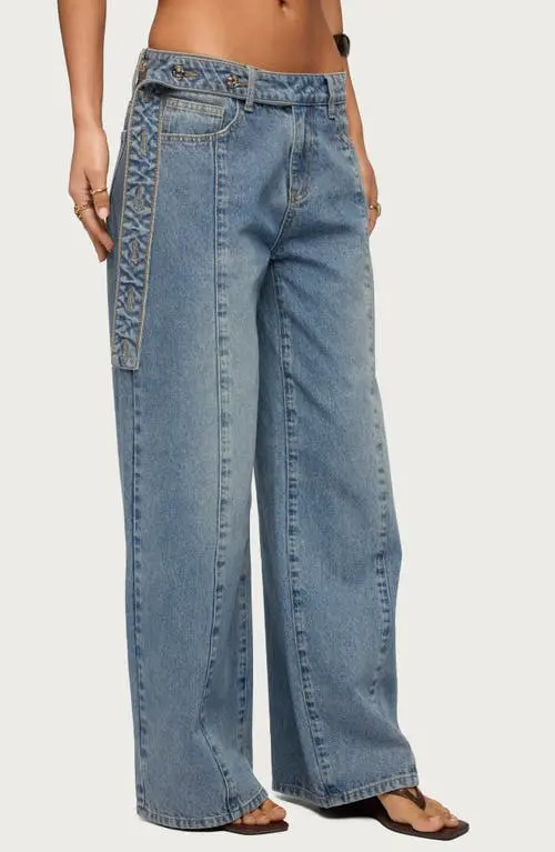 EDIKTED Button Tab Waist Low Rise Wide Leg Jeans