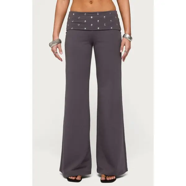 EDIKTED Breanna Studded Foldover Wide Leg Pants - Dark-gray