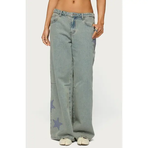 EDIKTED Trish Stars Low Rise Wide Leg Jeans - Blue-washed