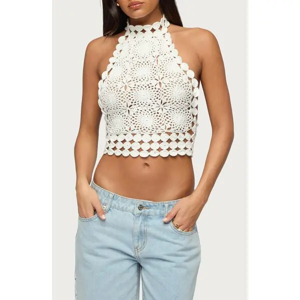 EDIKTED Crochet Open Back Halter Top - Cream