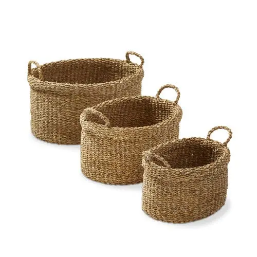 TAG Oval Folding Seagrass Basket With Handle For Storage - Beige