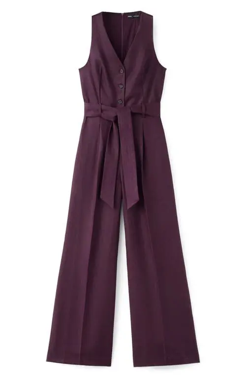 Mango Sleeveless Belted Linen Jumpsuit - Blackberry
