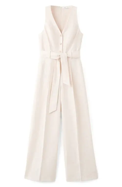 Mango Sleeveless Belted Linen Jumpsuit - Ecru