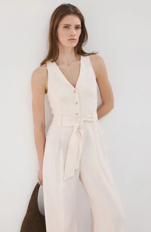 Mango Sleeveless Belted Linen Jumpsuit - Ecru
