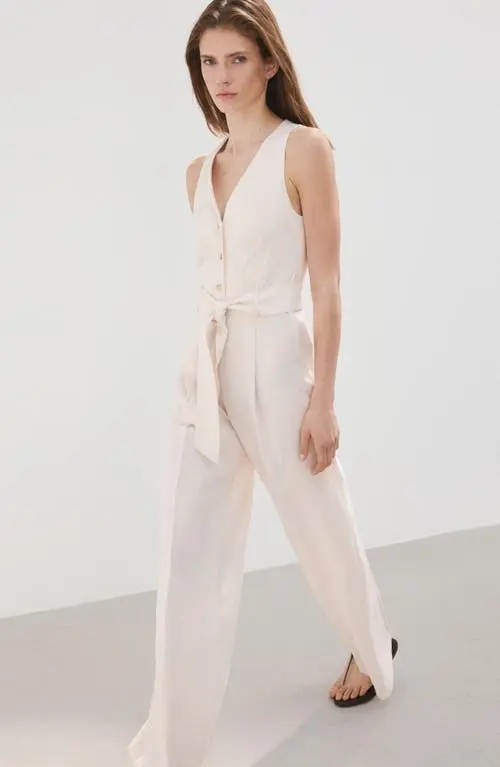 Mango Sleeveless Belted Linen Jumpsuit - Ecru