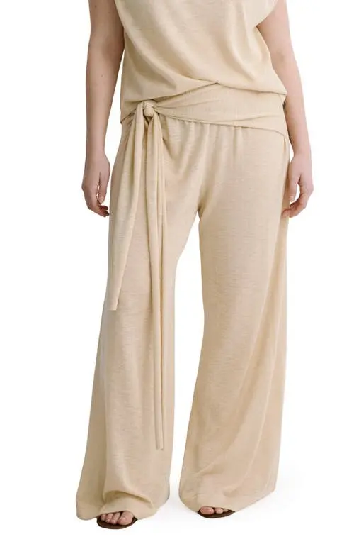 Mango Wide Leg Knit Pants With Knotted Sash - Ecru