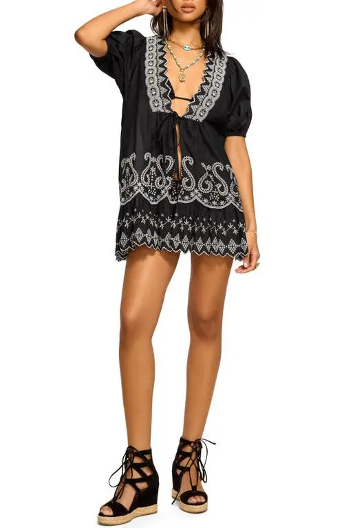 Ramy Brook Angelina Embroidered Tie Front Cotton Cover-up Dress - Black/white Eyelet